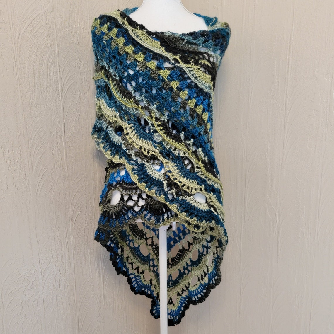 Boho Shawl Handmade Crochet Triangle Shawl Wrap Blue Teal Olive Green ...