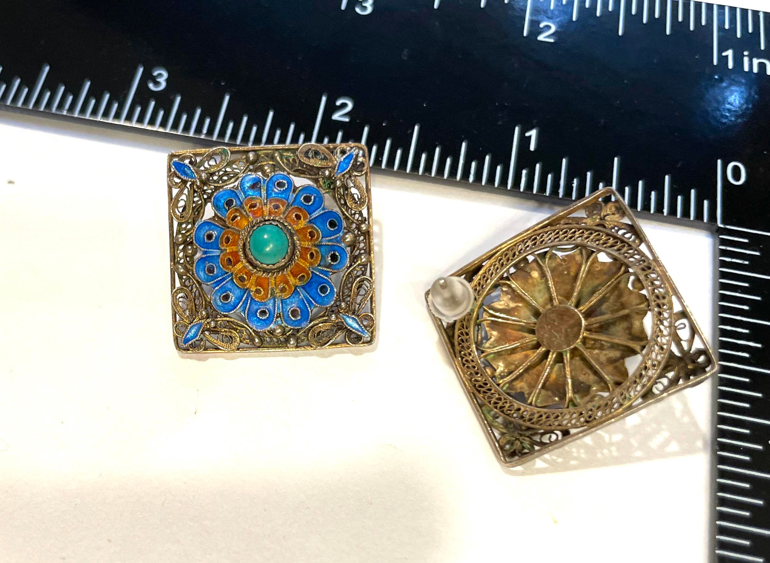 Vintage Chinese Export Filigree Enamel Gold Gilt Stud Earrings ...