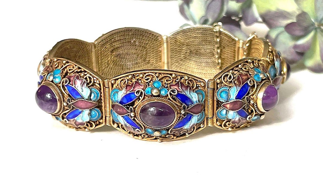 Antique Chinese Export Bracelet Amethyst Silver Filigree Gold Gilt ...