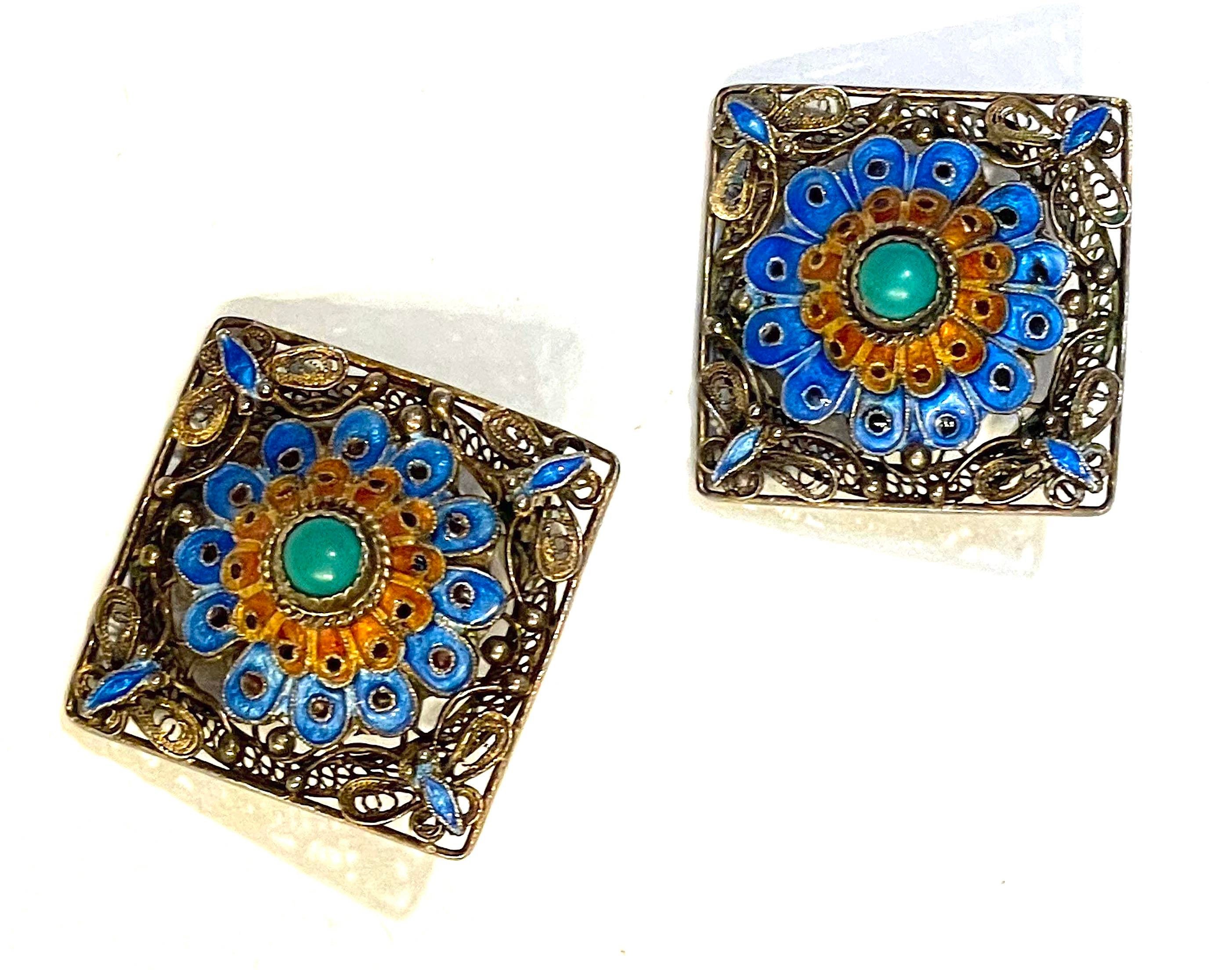 Vintage Chinese Export Filigree Enamel Gold Gilt Stud Earrings ...