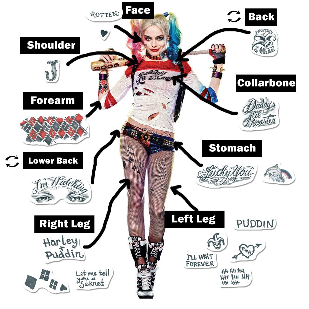 Harley Quinn Full Set Temporary Tattoos Harley Quinn Etsy