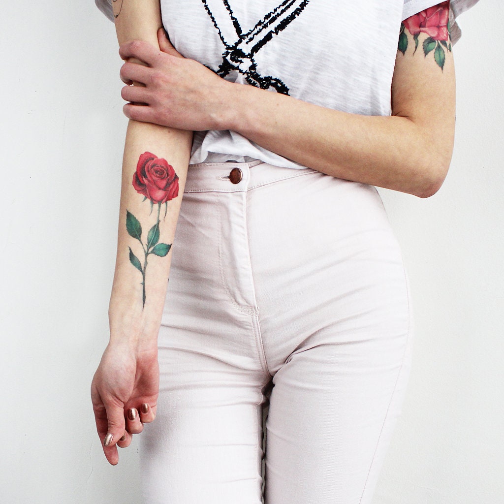 Red Rose Rose Flower Temporary Tattoo / Red Rose Tattoo / - Etsy