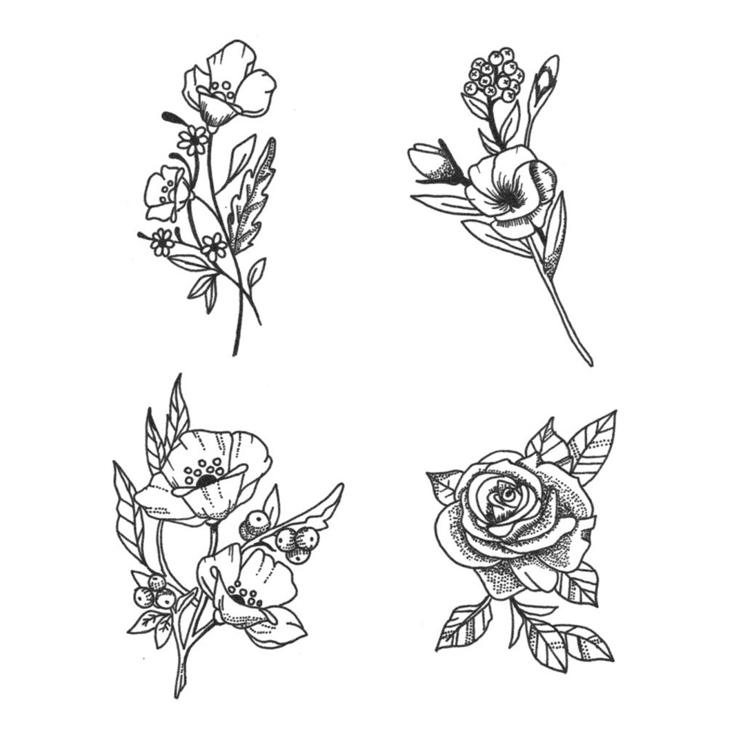 Dainty Flower Set #3 (set of 4) - Temporary Tattoo / Floral Tattoo ...