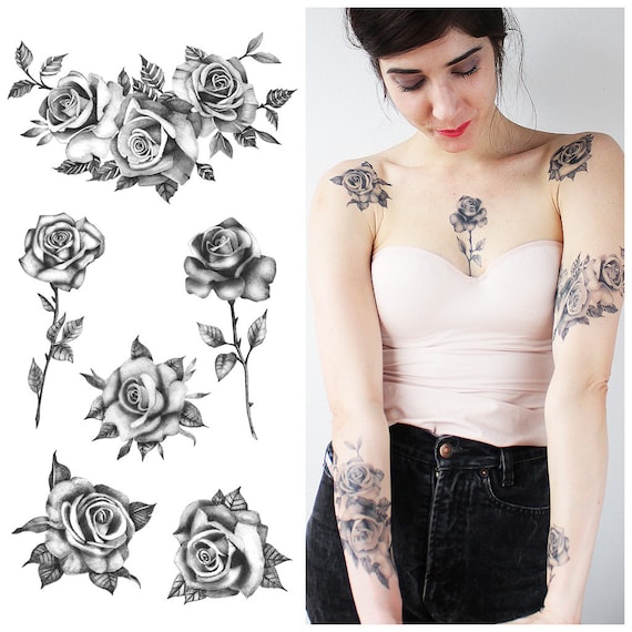 Roses Flower Set Set of 6 Temporary Tattoo / Realistic | Etsy