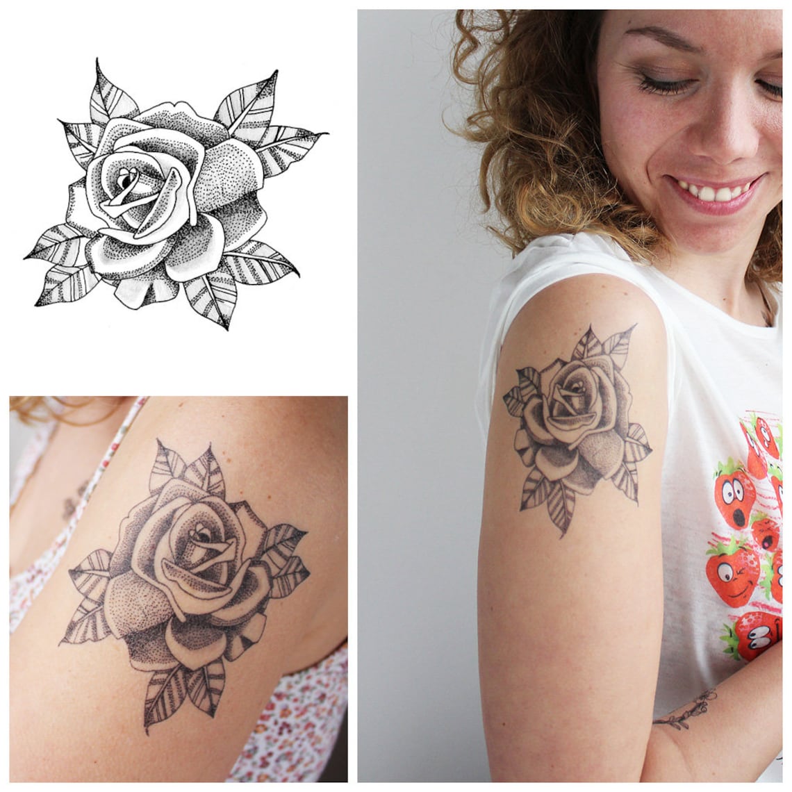 Dotwork Roses set of 2 Temporary Tattoo / Rose Temporary - Etsy