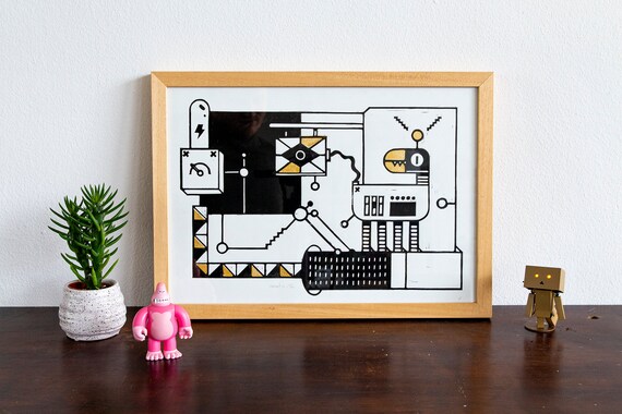 Robot Dog Poster Linocut A3 Art Print Black & Gold | Etsy