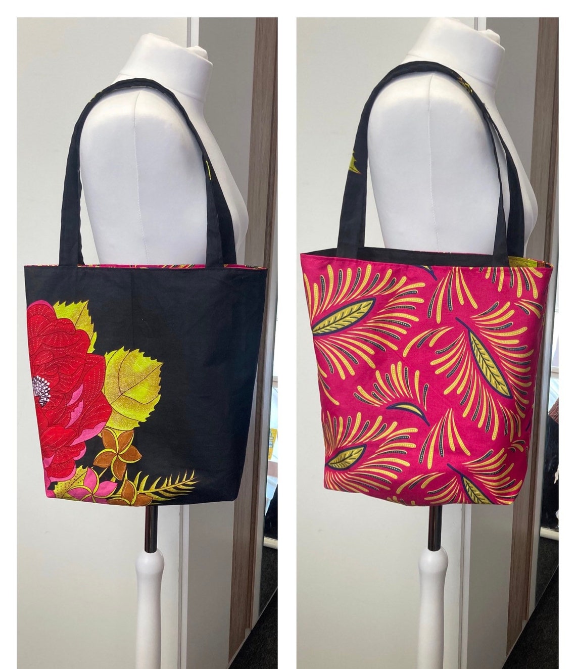 Black and pink reversible tote bag floral cotton shopper | Etsy