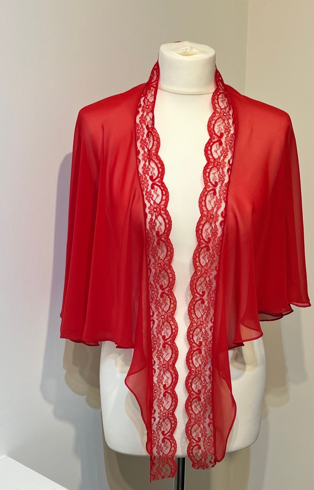 Red Chiffon Capelet, Bridal Cape , Red Cape With Lace Trim, Special ...