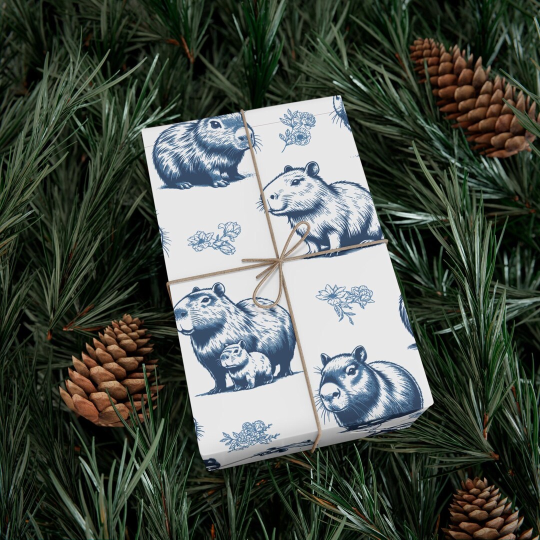 Blue Toile Capybara Lover Gift Wrapping Paper Roll, Capybara Toile Gift ...
