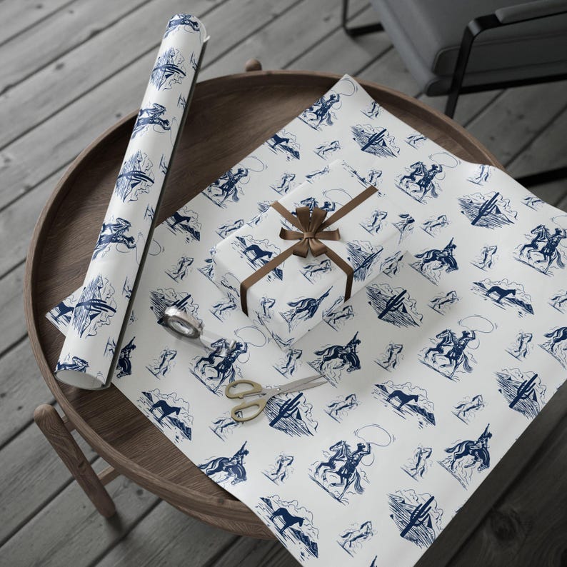 Western Toile Wrapping Paper, Blue Toile Gift Wrap, Cowboy Gift ...