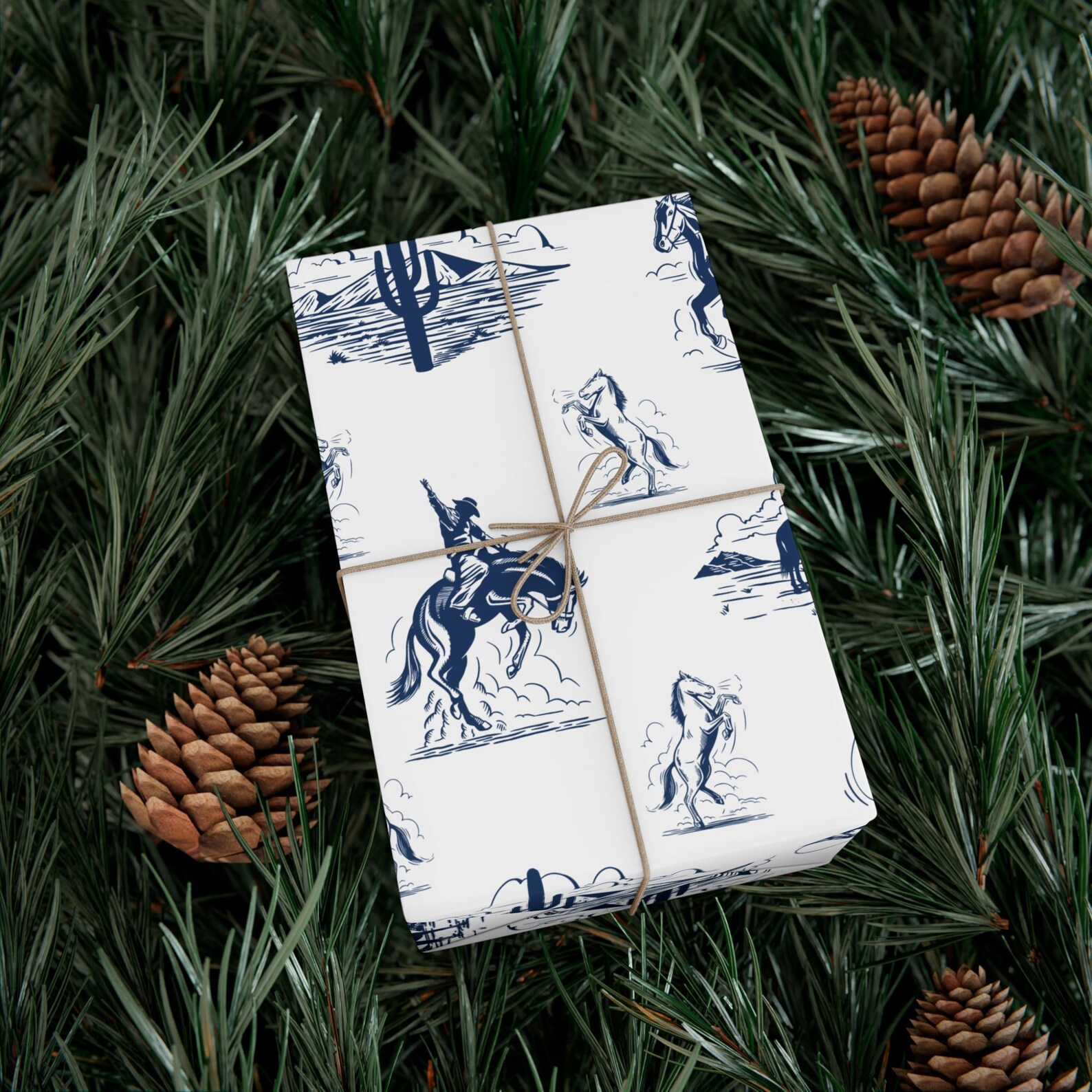 Western Toile Wrapping Paper, Blue Toile Gift Wrap, Cowboy Gift ...