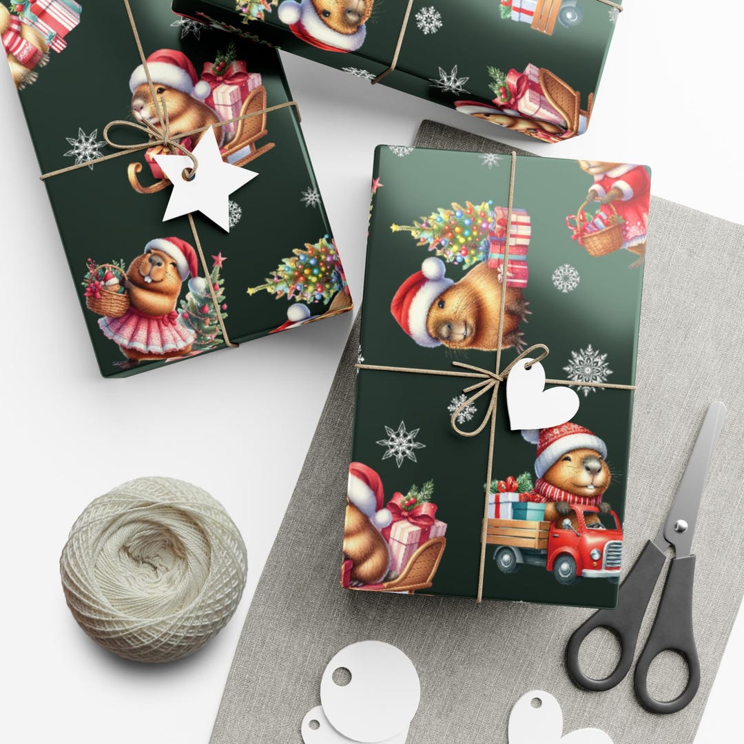 Capybara Christmas Gift Wrap, Green Capybara Lover Holiday Gift ...
