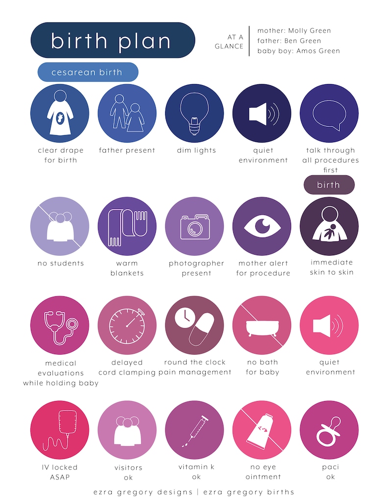 Visual Birth Plan, at a Glance Birth Plan, Doula, Natural Birth ...