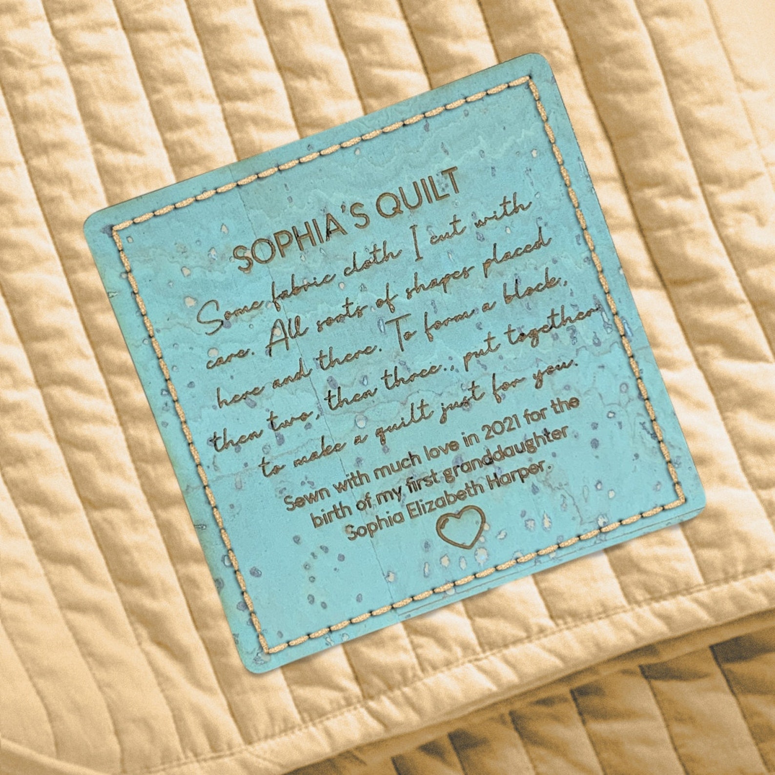 Large Quilt Label Personalised Blanket Patch Blue Cork 60mm X 60mm Sew ...
