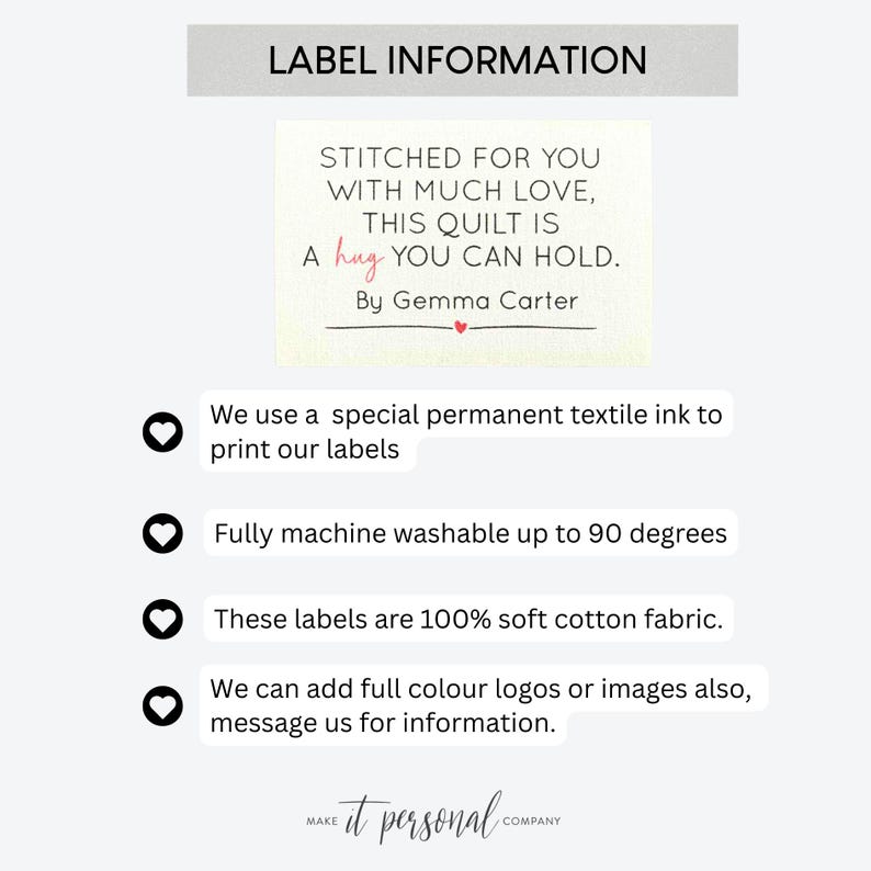 Quilt Label Personalised Blanket Patch Cotton Fabric Permanent Colour ...