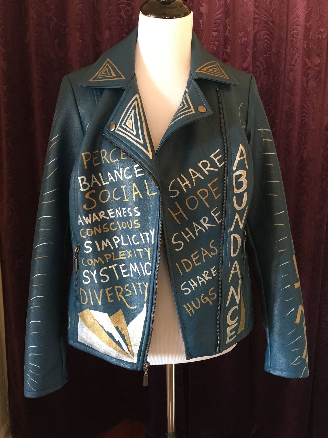 Custom Hand Written on Teal Faux-leather Moto Jacket With Gold and ...