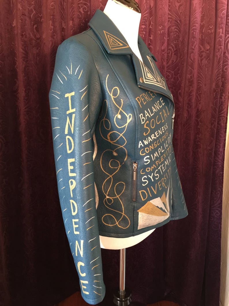Custom Hand Written on Teal Faux-leather Moto Jacket With Gold and ...