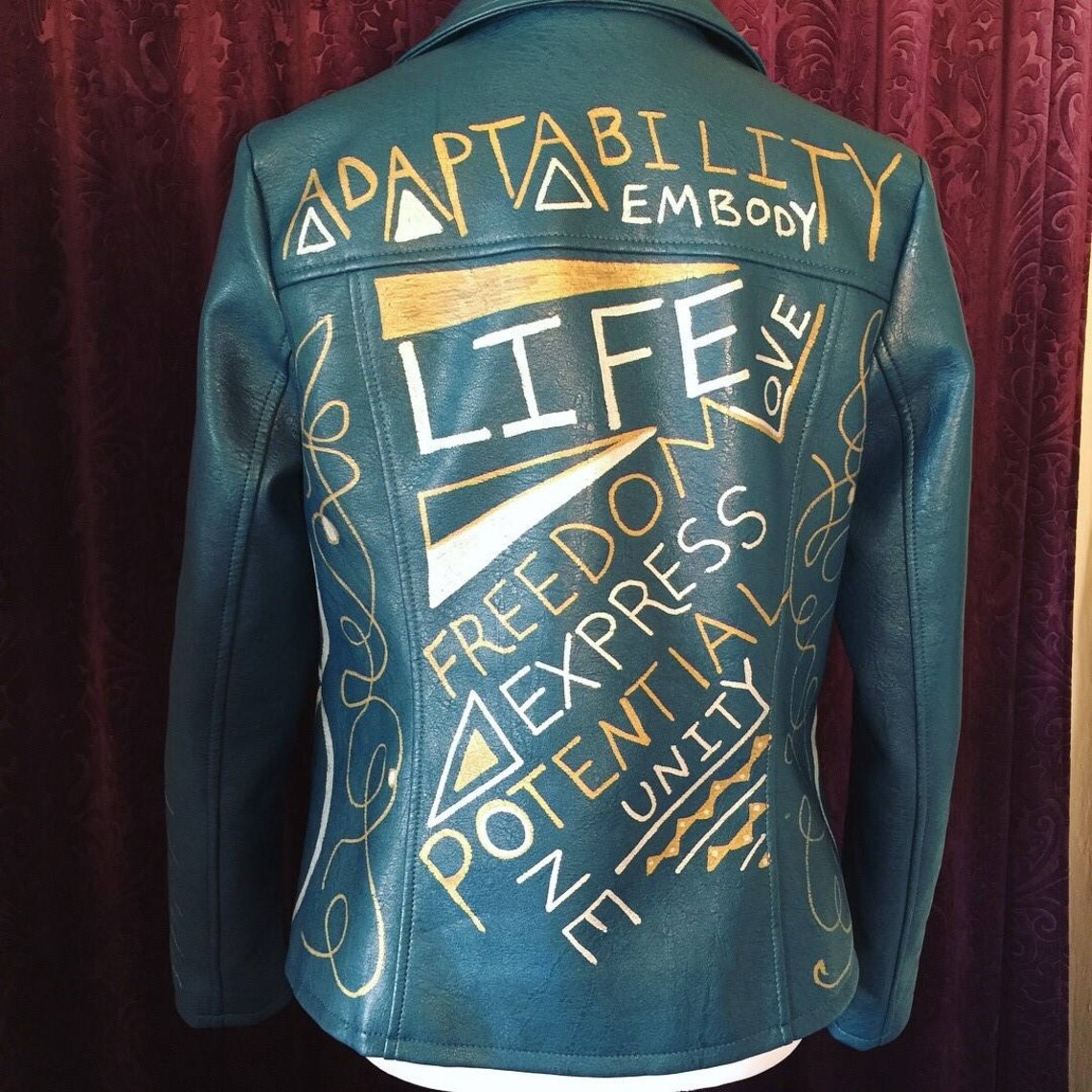 Custom Hand Written on Teal Faux-leather Moto Jacket With Gold and ...