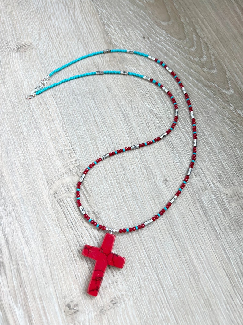 Cross Pendant Necklace - Red Howlite & Turquoise Beaded Necklace ...