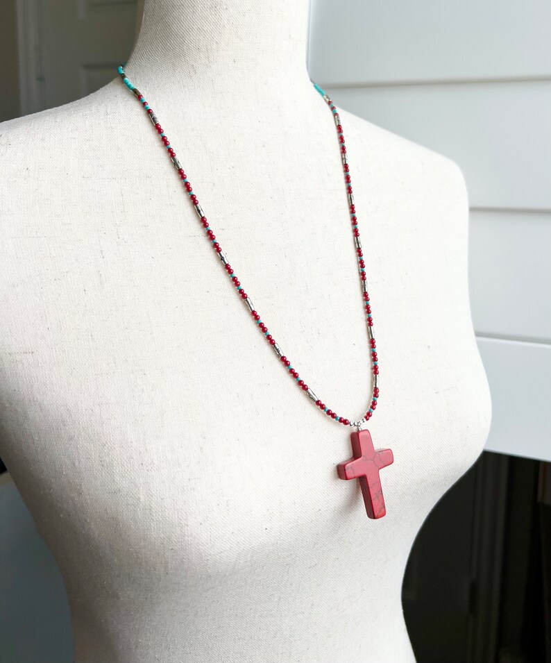 Cross Pendant Necklace - Red Howlite & Turquoise Beaded Necklace ...