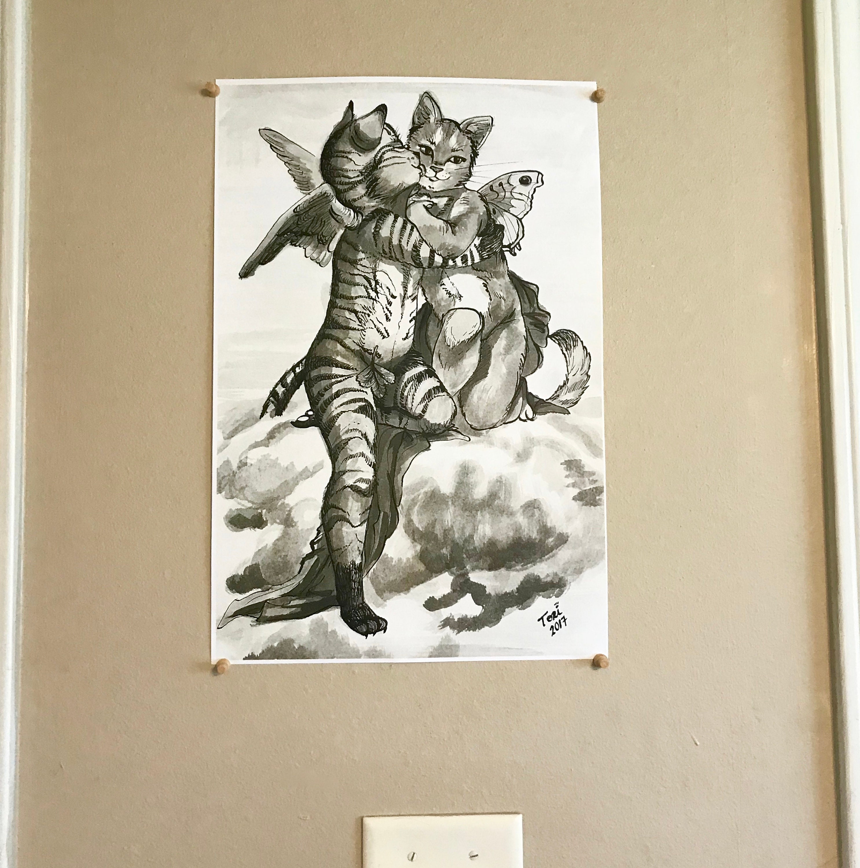 Cat Angels - Cat Ink Drawing Print - Cat Print, Animal Prints, Cat Ink ...