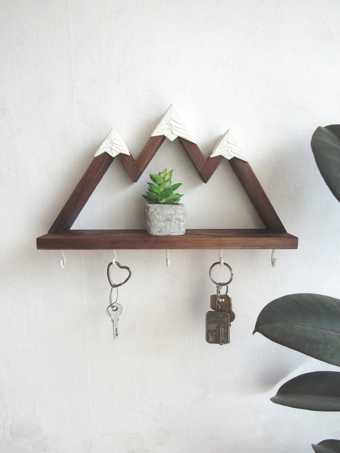Rustic Mountain Key Holder Shelf | Wood Wall Hooks and Organizer ...