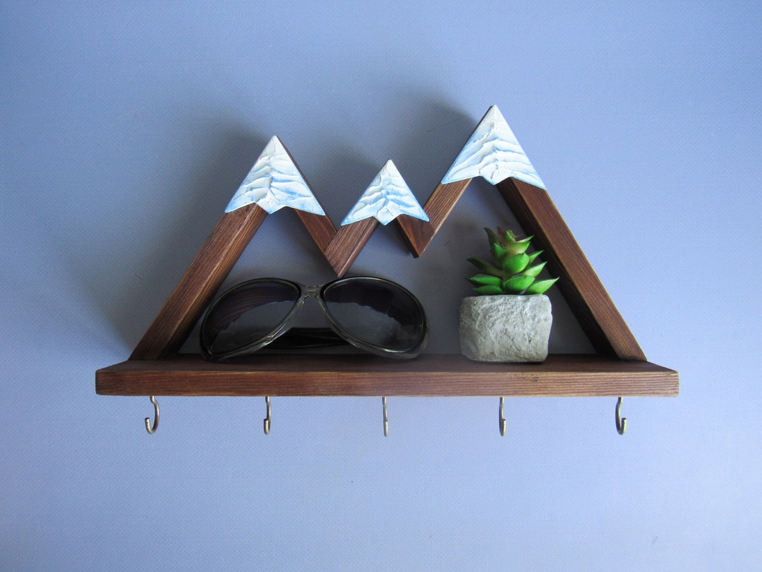 Rustic Wooden Mountain Key Holder Shelf With Hooks | Wall-mounted ...