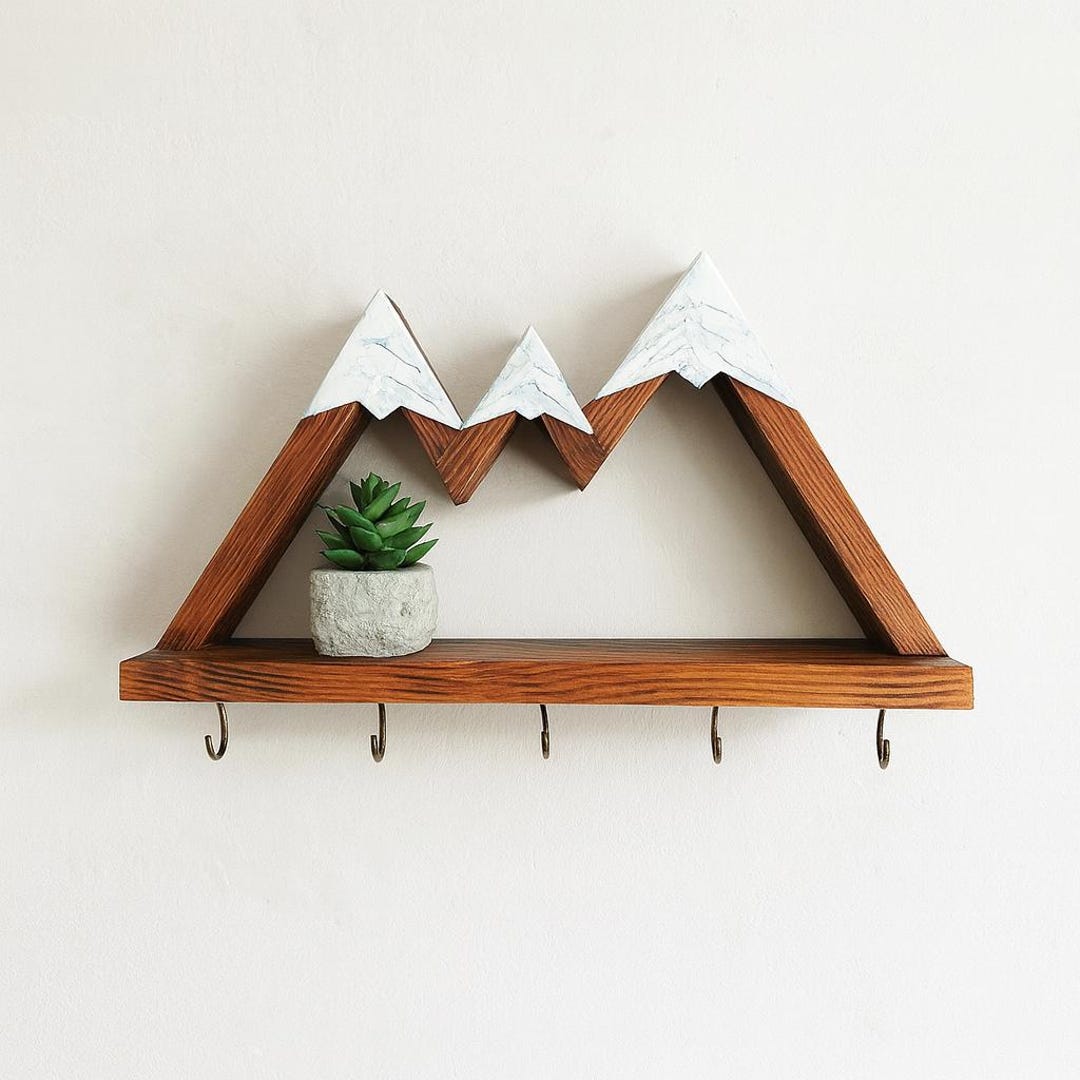 Mountain Key Holder With Shelf and Hooks | Rustic Wood Key Rack ...