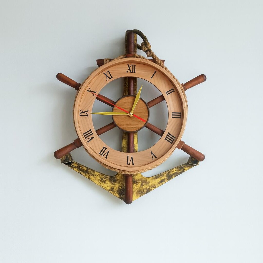 Wooden Nautical Ship Wheel Wall Clock With Anchor | Coastal Beach House ...