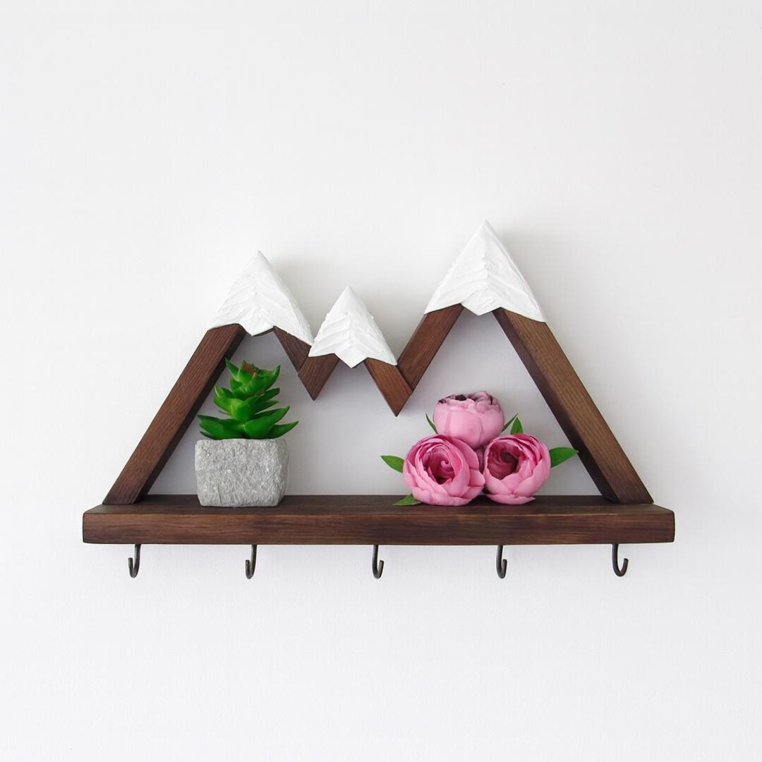 Mountain Key Holder With Shelf | Rustic Wooden Wall Key Rack With Hooks ...