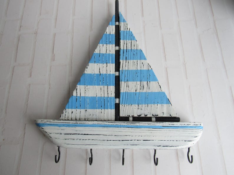 Sailboat Key Holder for Wall | Nautical Coastal Key Rack With Hooks ...