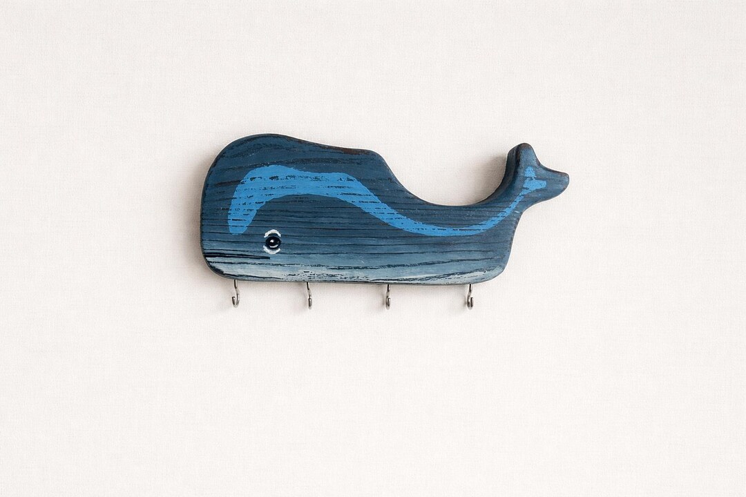 Blue Whale Key Holder for Wall | Nautical Wooden Key Rack | Coastal ...