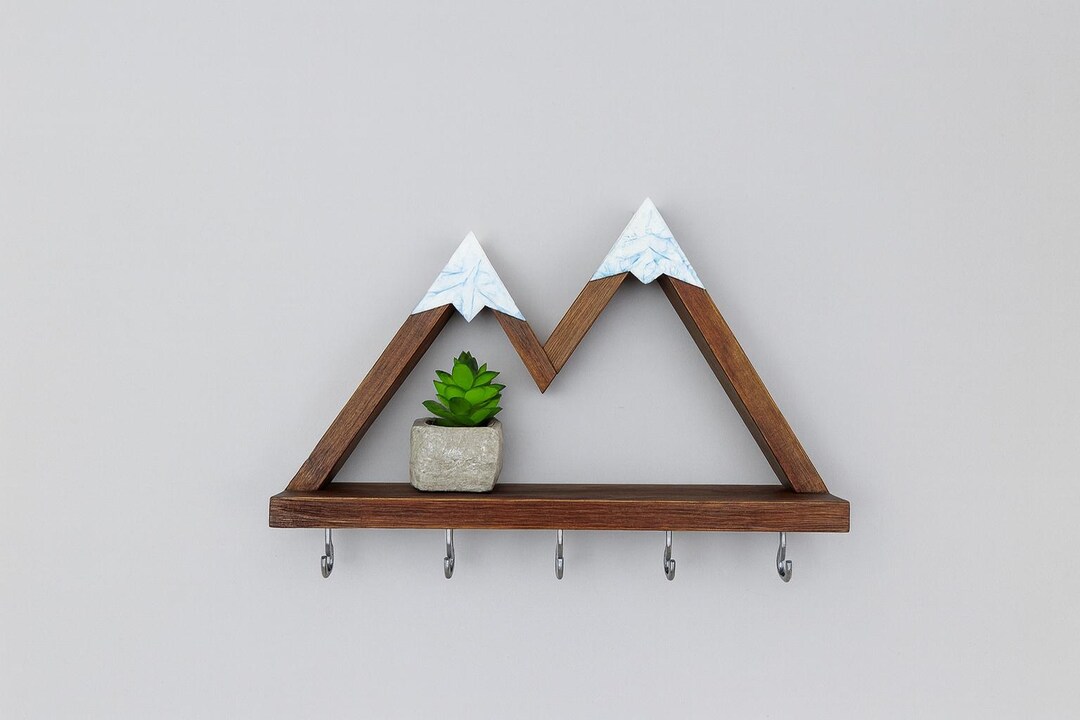 Mountain Key Holder With Shelf | Rustic Wooden Wall Key Rack | Snowy ...