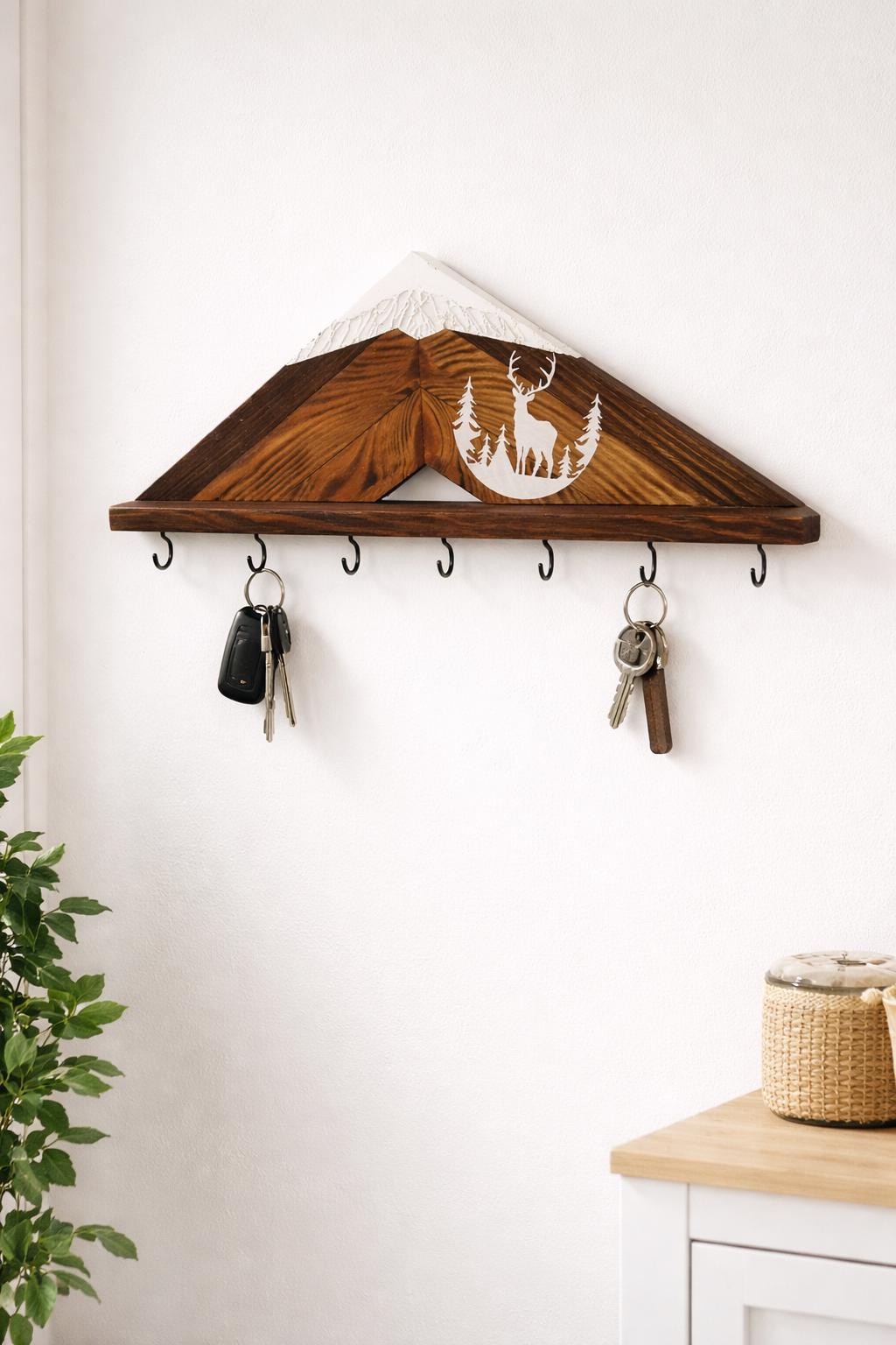 Mountain Key Holder for Wall | Wooden Key Rack With Hooks | Rustic ...