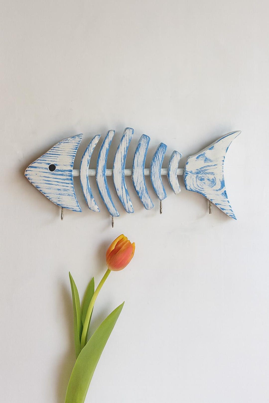 Coastal Fish Bone Key Holder | Nautical Beach House Decor With 4 Hooks ...