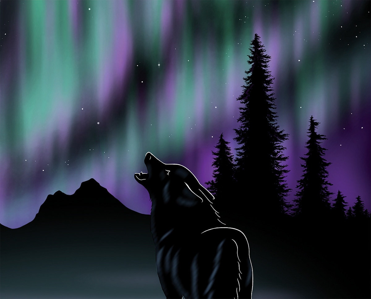 Aurora Borealis Wolves Wildlife Art Print, Digital Illustration ...