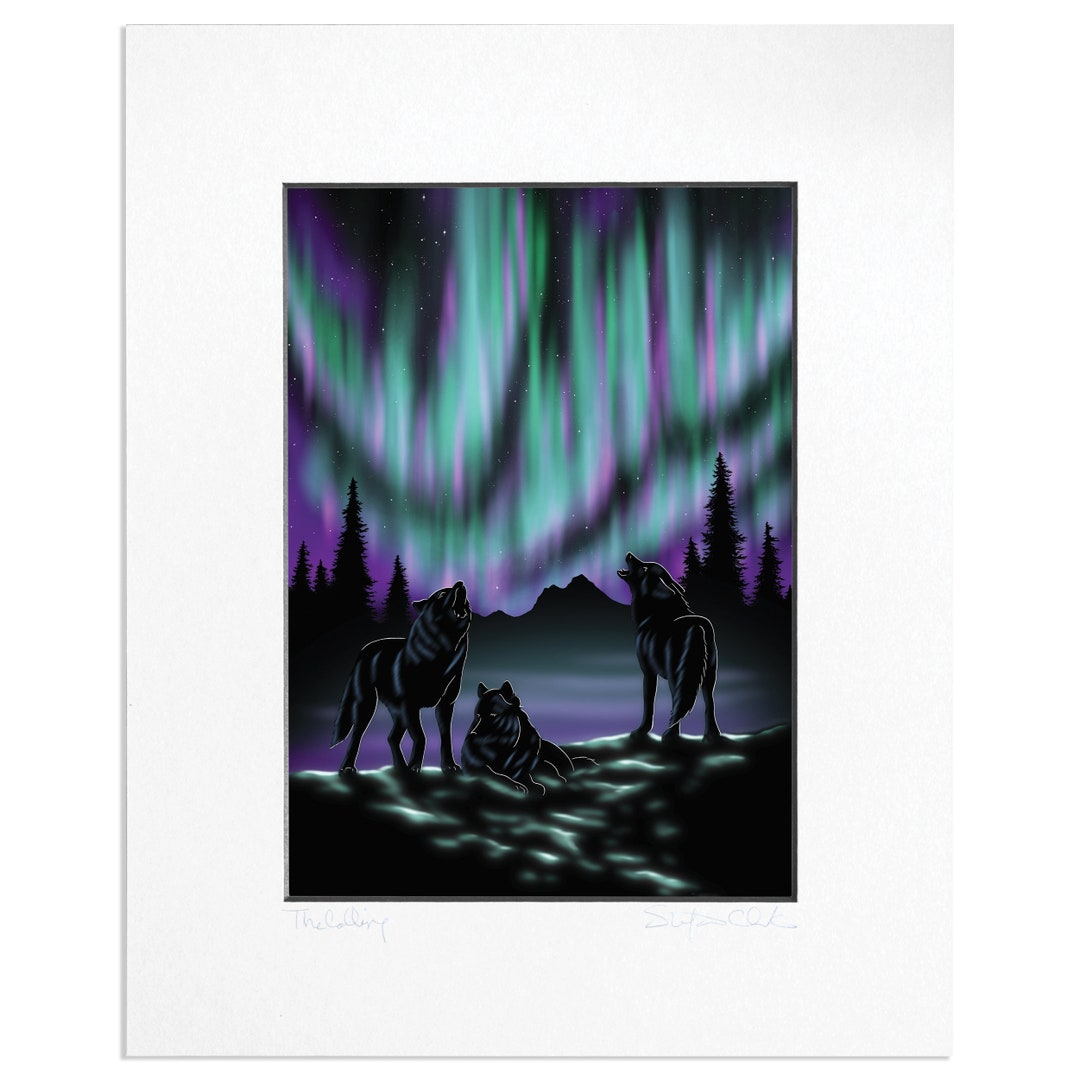 Aurora Borealis Wolves Wildlife Art Print, Digital Illustration ...