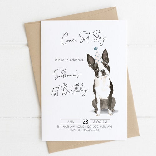 Boston Terrier Birthday Invitation Dog Terrier Come Sit Stay - Etsy
