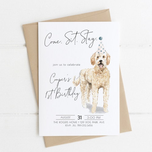 Golden Doodle Birthday Invitation Dog Come Sit Stay Bday - Etsy