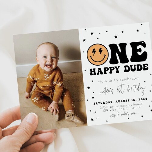 One Happy Dude Invitation Boy 1st Birthday Smiley Face - Etsy