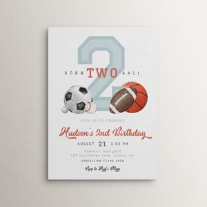 Born TWO Ball Invitation: Sports 2nd Birthday Party (editable Template ...