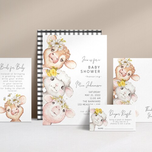 Editable Farm Animal Baby Shower Invitation Set Pink Farm - Etsy