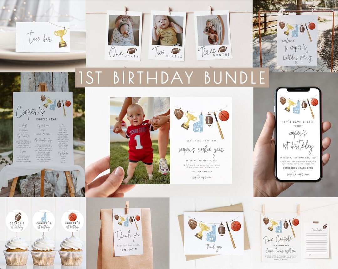 Rookie Year 1st Birthday Bundle Editable Template | Sports First ...
