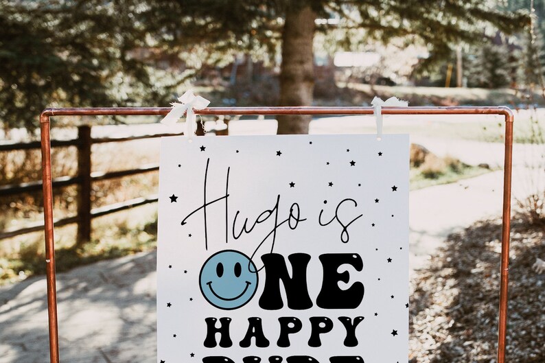 Smile Face Birthday Welcome Sign Template Blue One Happy - Etsy