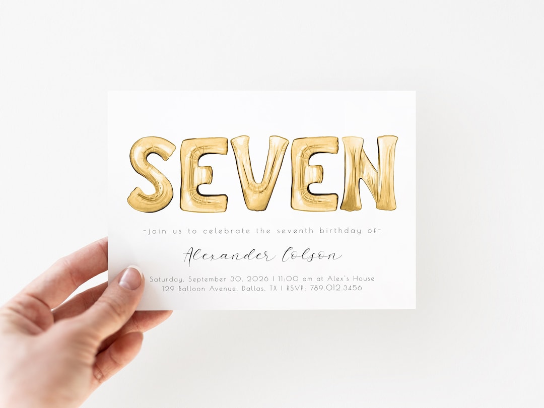 7th Birthday Invitation Template | Editable Gold SEVEN Balloon Birthday ...