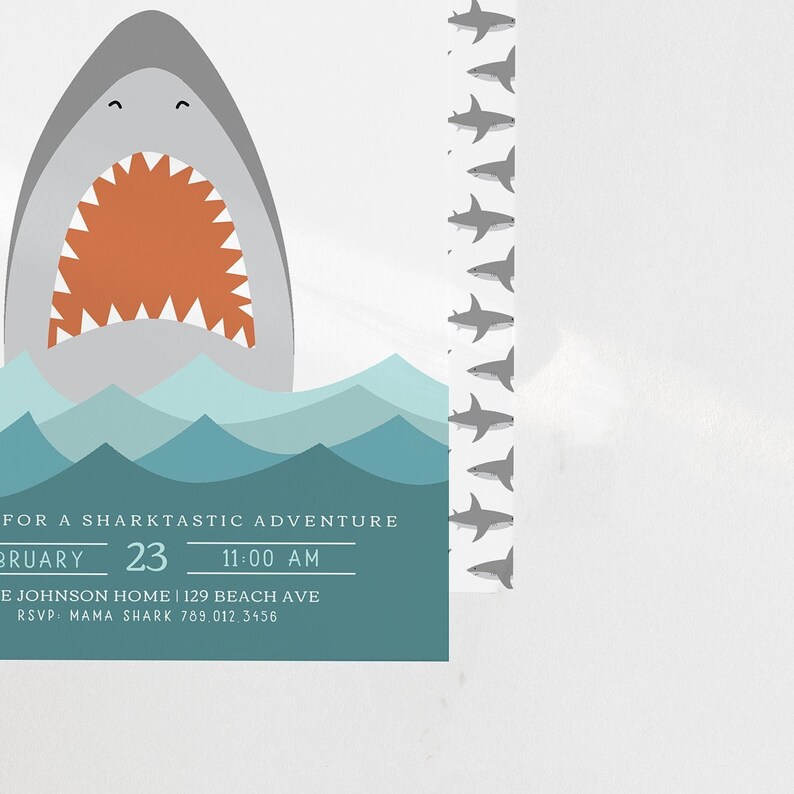 Shark Birthday Invitation Modern Shark Editable Template | Etsy