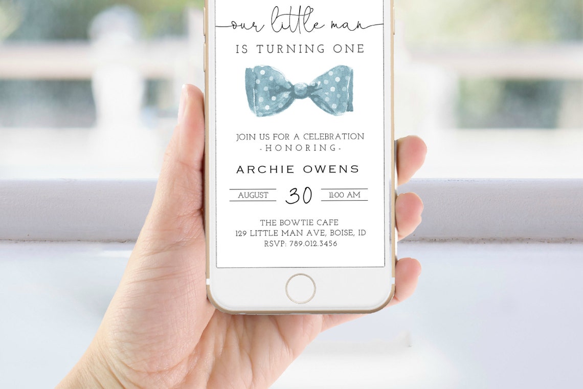 Little Man 1st Birthday Text Invitation Blue Bowtie Our | Etsy