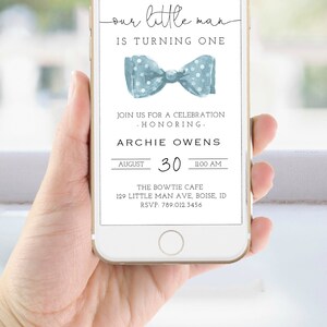 Little Man 1st Birthday Text Invitation | Blue Bowtie Our Little Man ...