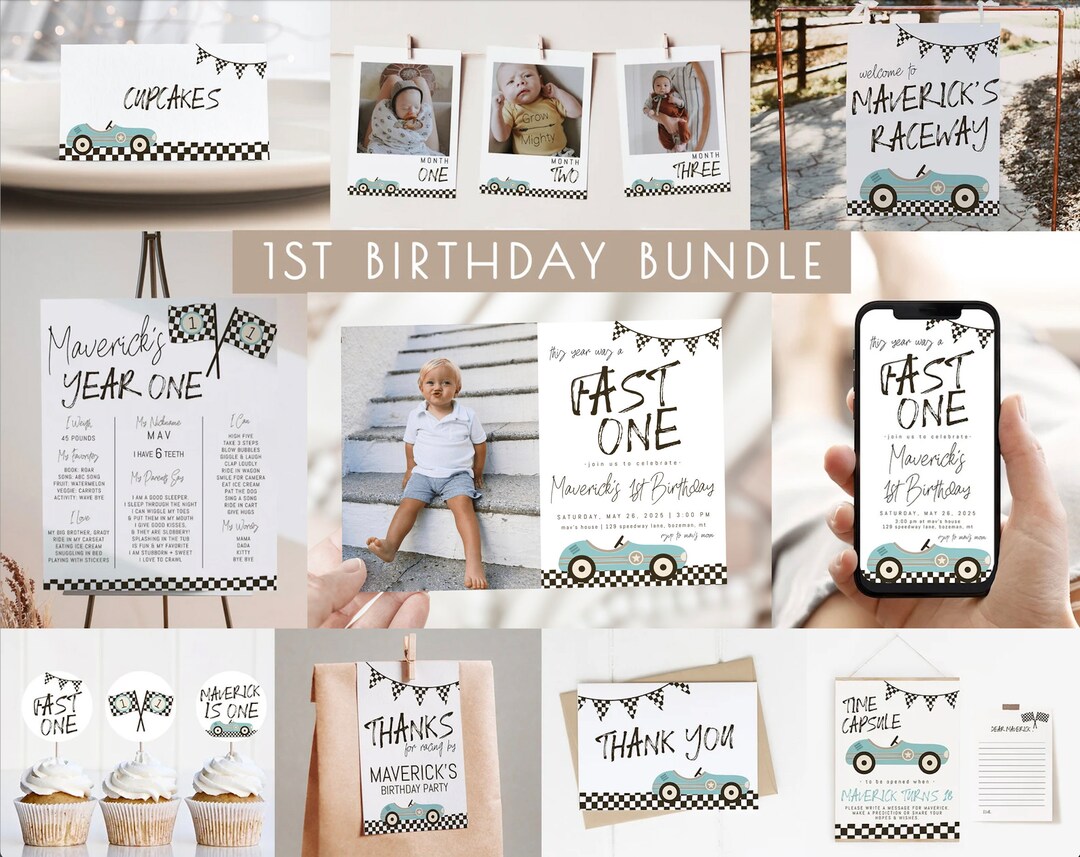 Fast ONE Birthday Bundle Editable Template Package | Race Car 1st ...