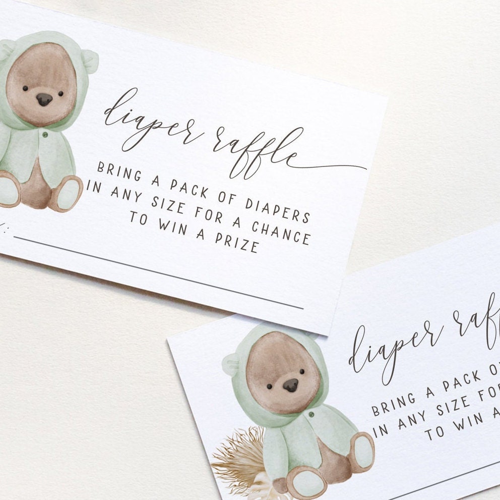 Bear Baby Shower Diaper Raffle Ticket Template Green Beary | Etsy